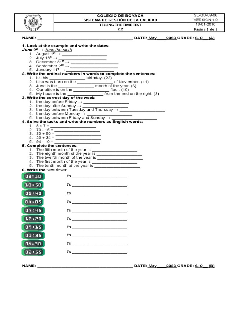 2.2 Telling The Time Test | PDF