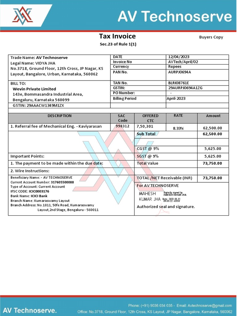 AV Tech 04 2023 Invoice Kaviyarasan. | PDF | Invoice | Trade