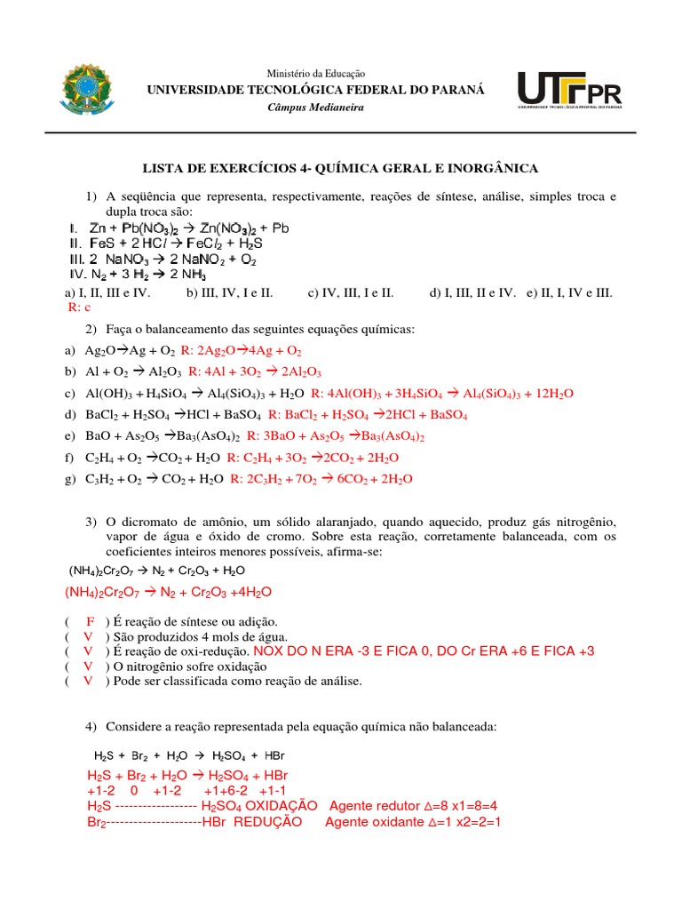 Lista de Exercícios 4 - Reações Químicas | PDF | Reações químicas ...