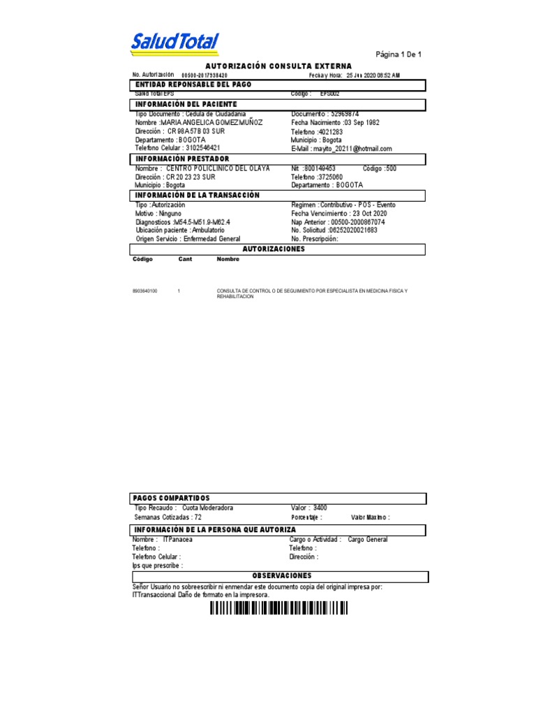 Autorizacion Salud Total | PDF