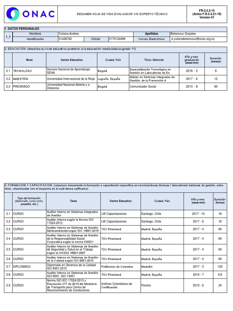 Hoja de Vida - Formato ONAC | PDF