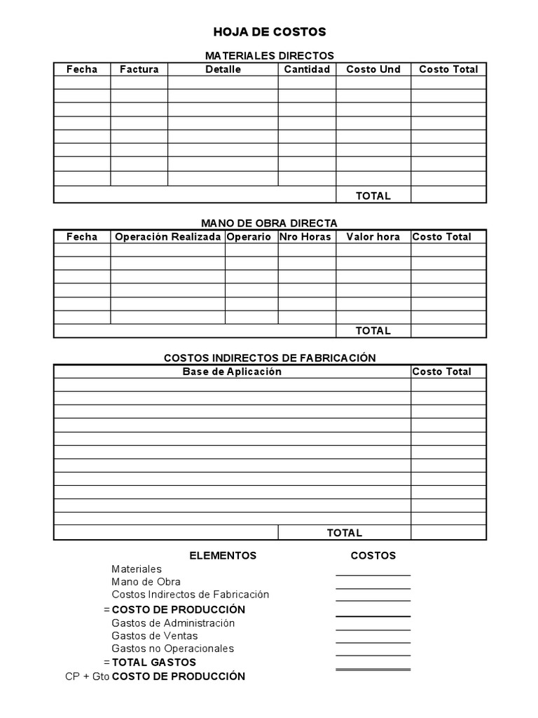 HOJA de COSTOS - Imprimir | PDF