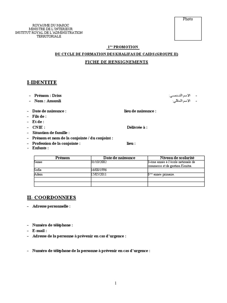 Fiche de renseignement - Khalifas de Caids | PDF