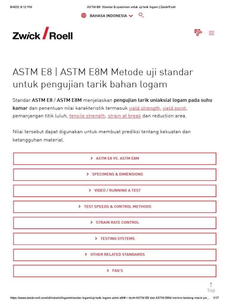 ASTM E8 - Standar & Spesimen Untuk Uji Tarik Logam - ZwickRoell | PDF