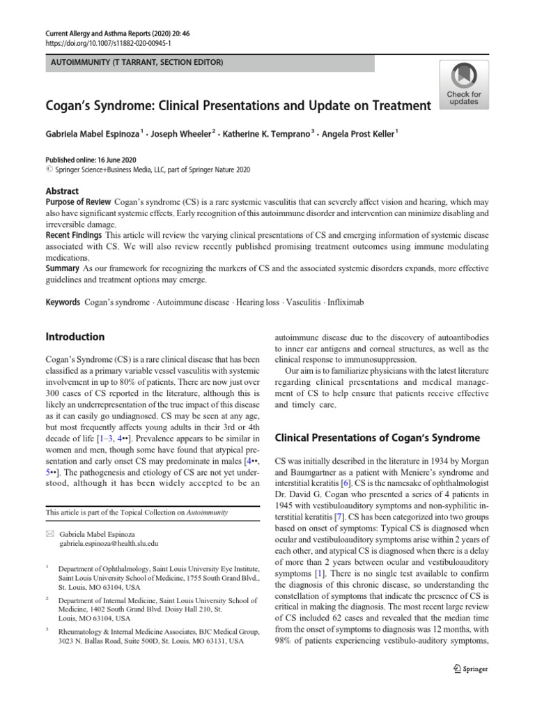 Cogan's Syndrome Clinical Presentations and Update On Treatment | PDF | Diseases And Disorders ...