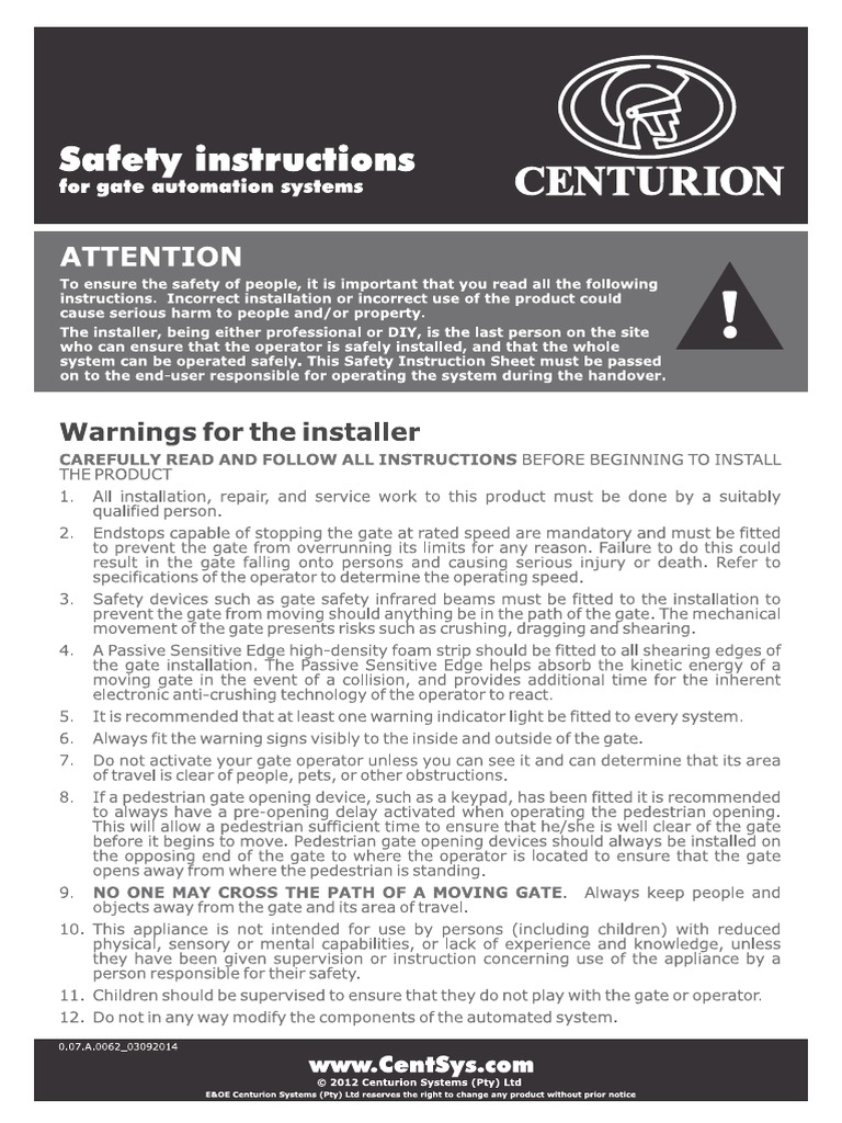 0 07 A 0062 Safety Instructions Sheet-03092014-BM | PDF