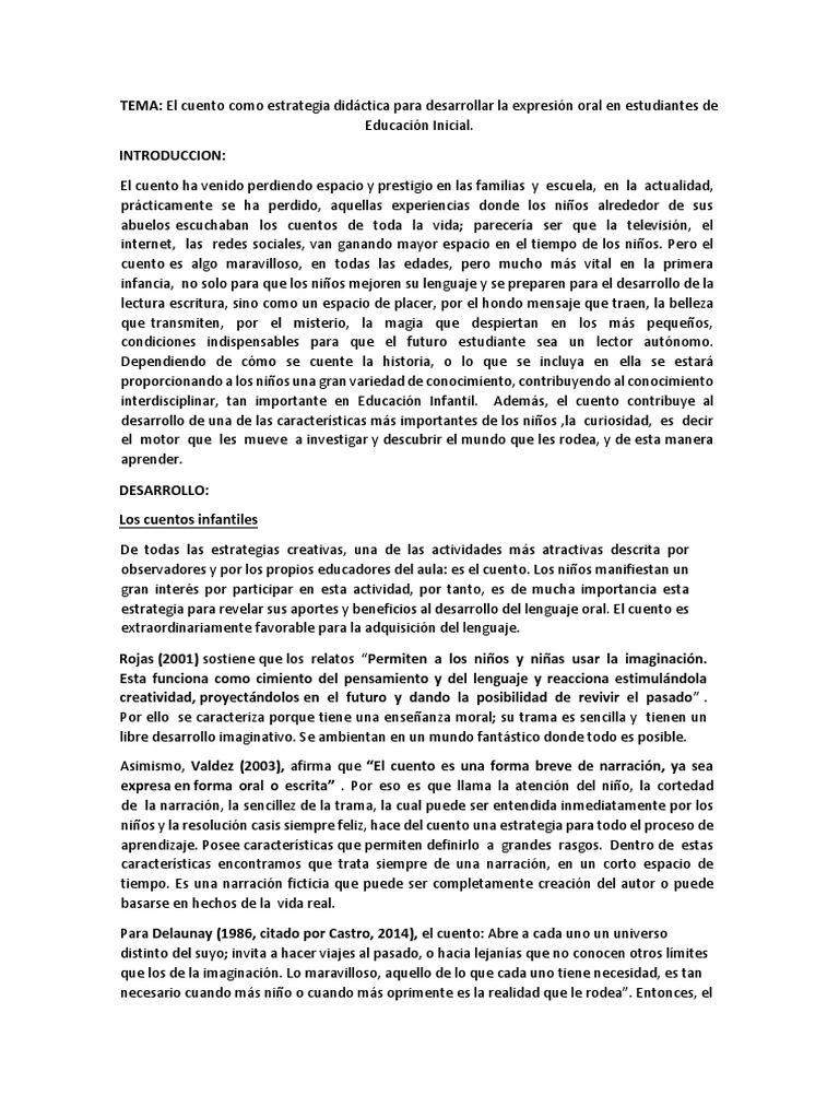 El Cuento En El Desarrollo Del Lenguaje De Los Estudiantes De Educacion