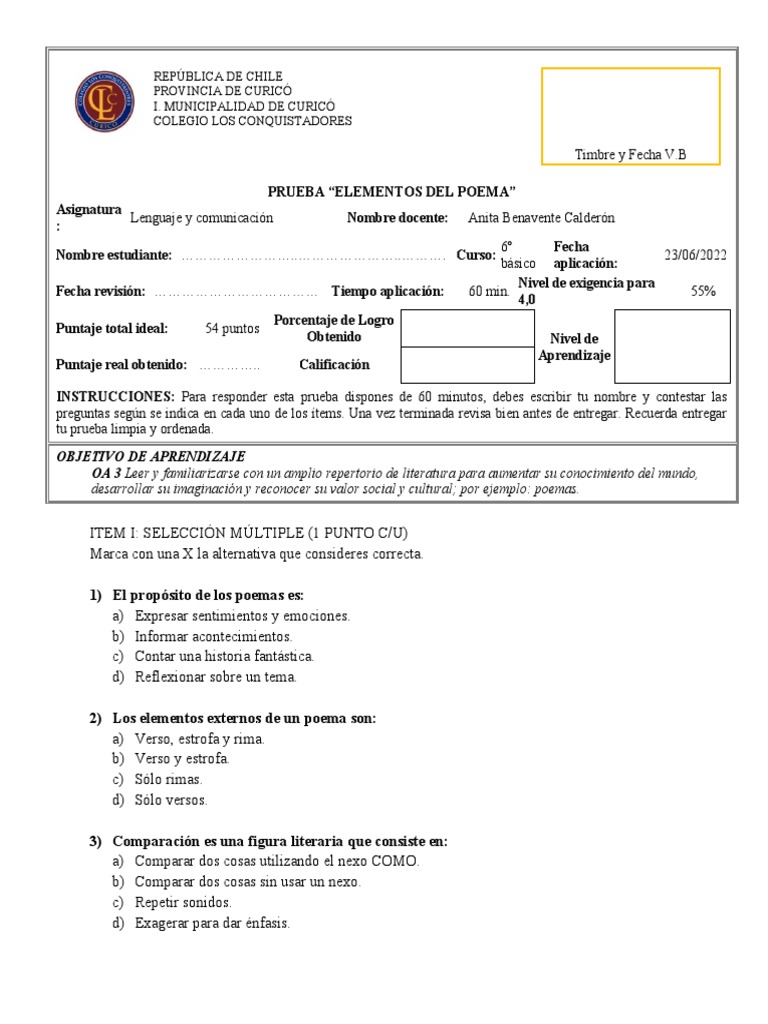 Prueba Elementos Del Poema | PDF