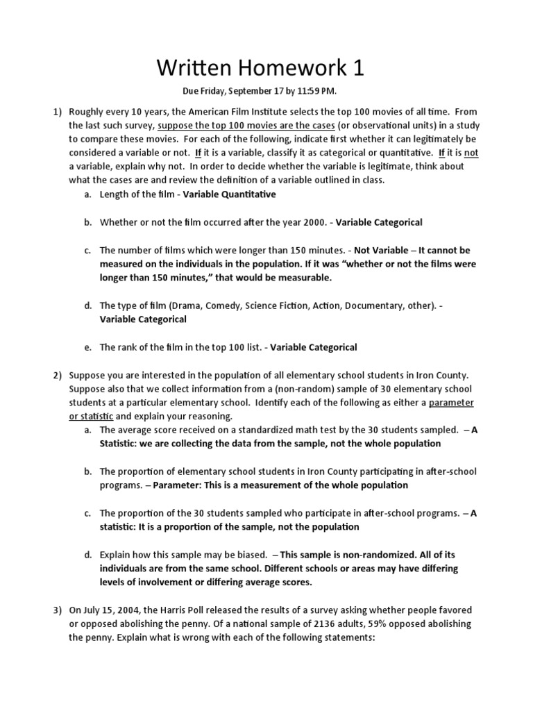 Written Homework 1 | PDF | Sampling (Statistics) | Categorical Variable