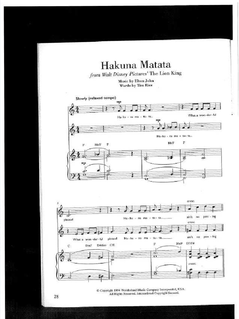 Hakuna Matata 2 Part Choral PDF | PDF