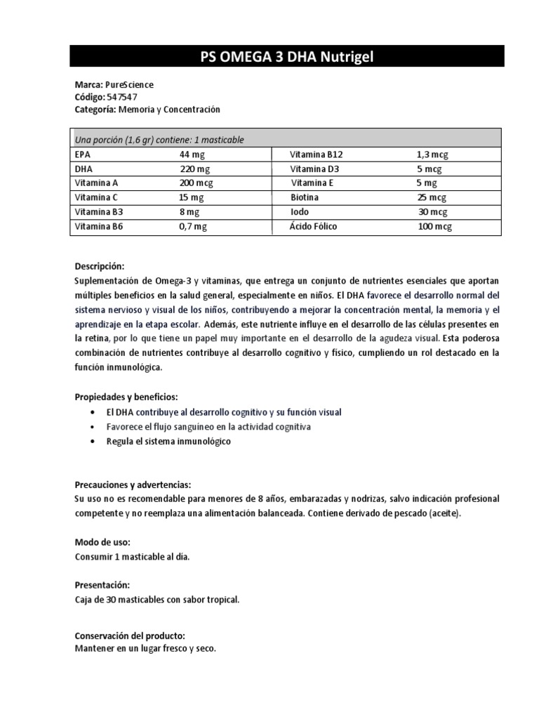 Ficha Tecnica PS Omega 3 DHA Nutrigel | PDF