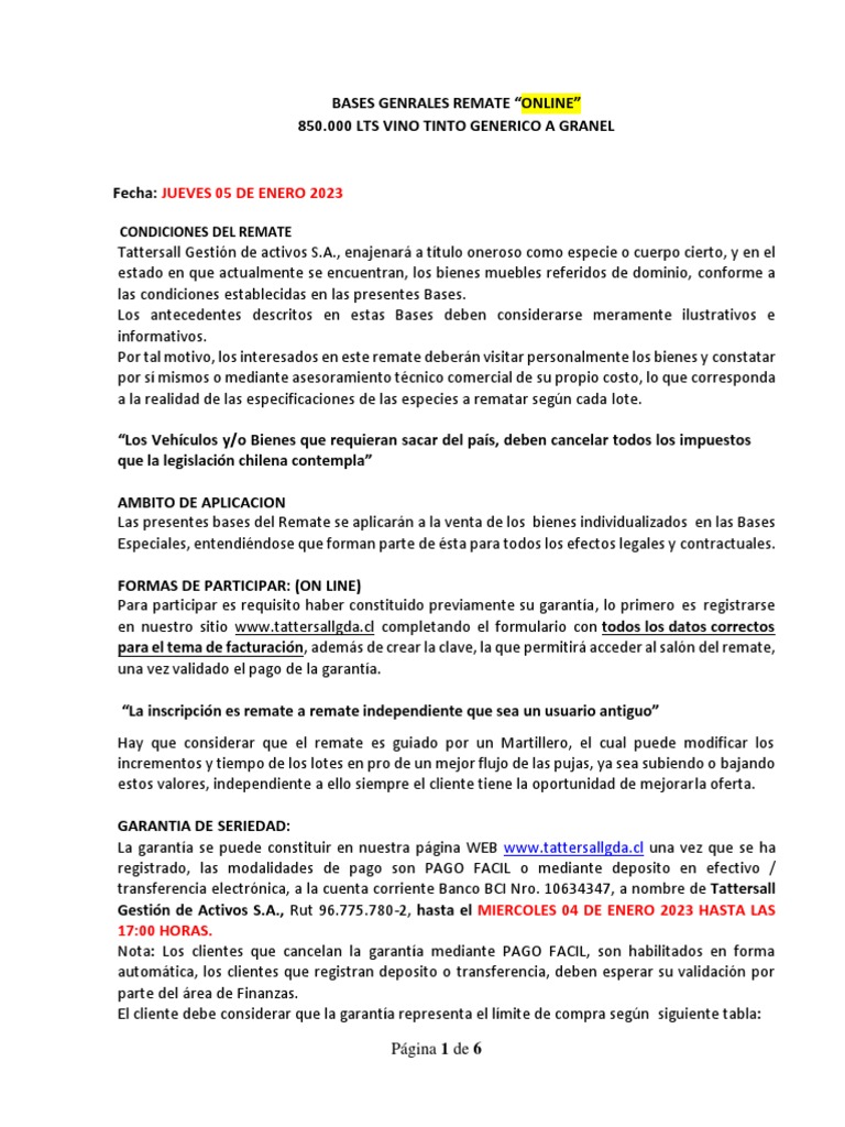 1265&&bases Remate 850.000 LTS Vino Tinto Generico A Granel 05 Enero ...