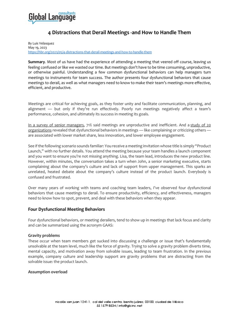 HBR 4 Distractions That Derail Meetings 230519 | PDF | Thought ...