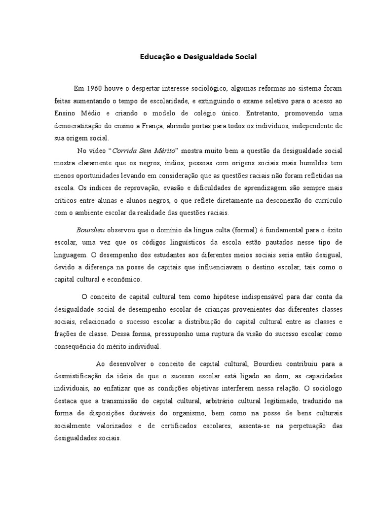 Educação E Desigualdade Social Pdf Sociologia Desigualdade Social