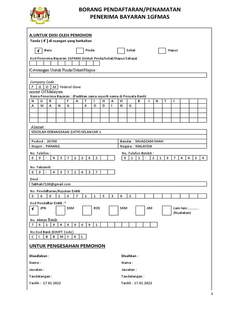 Borang Pendaftaran Penamatan Penerima Bayaran 1GFMAS | PDF