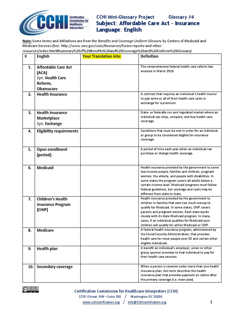 004 ENG CCHI Mini Glossary ACA Insurance | PDF | Medicaid | Physician