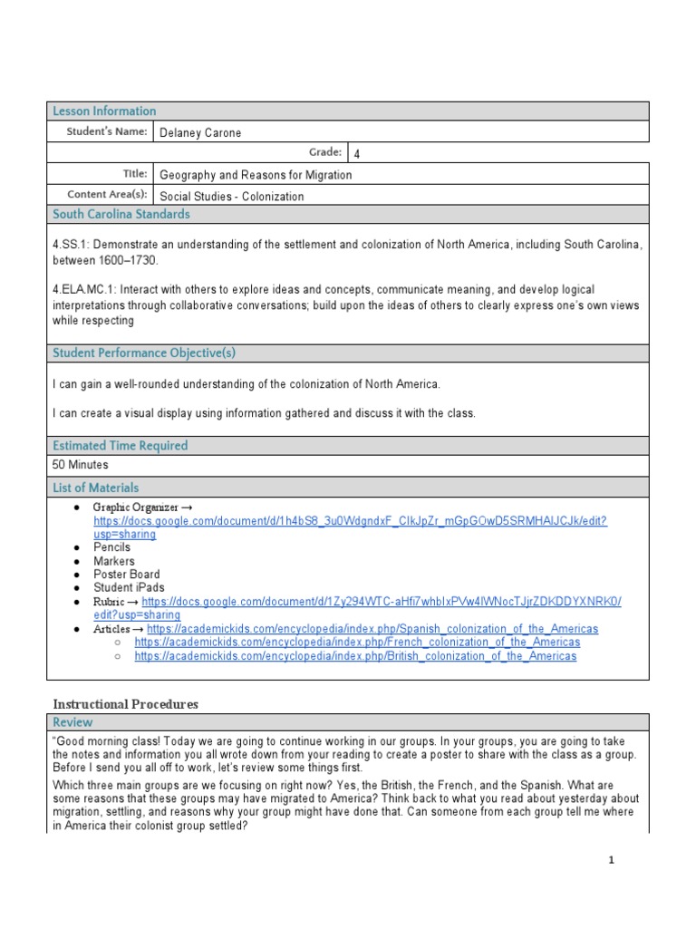 Grade 4 Social Studies Migration Lesson | PDF | Reason | Information