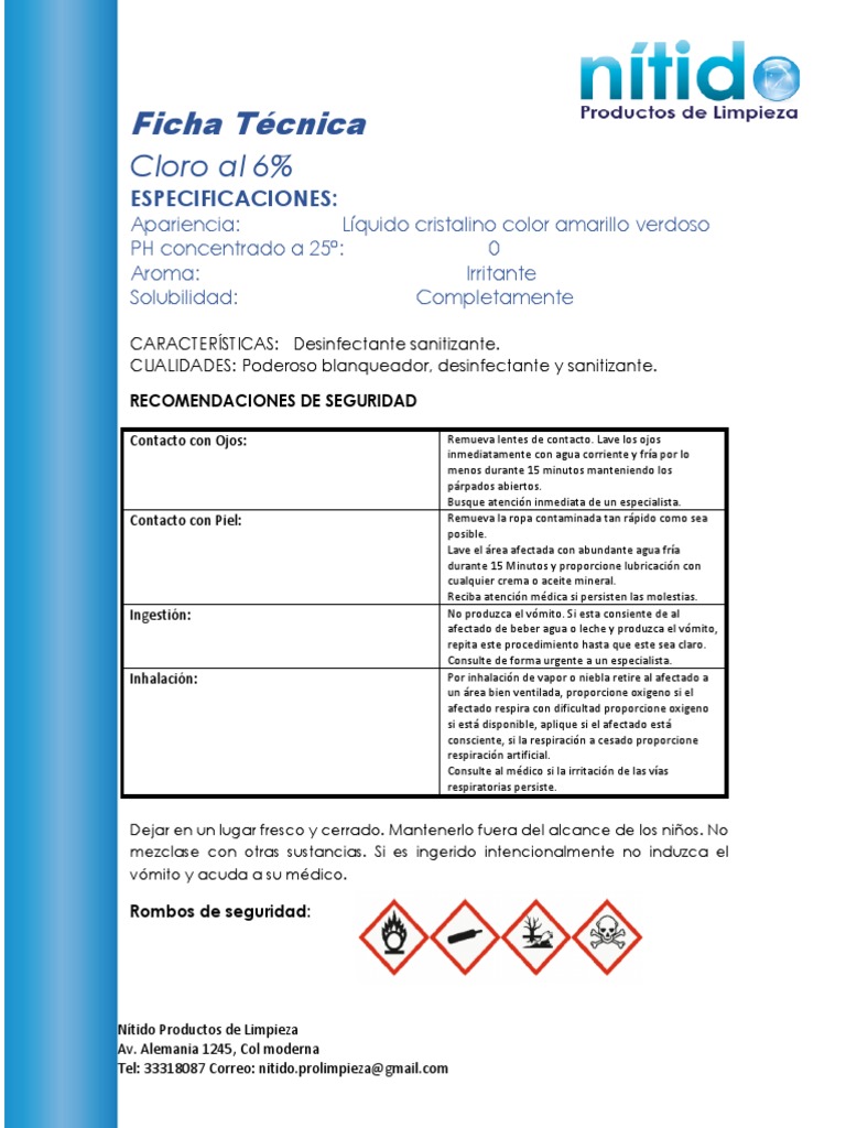 Ficha Técnica CLORO 6% | PDF | Agua | Cloro