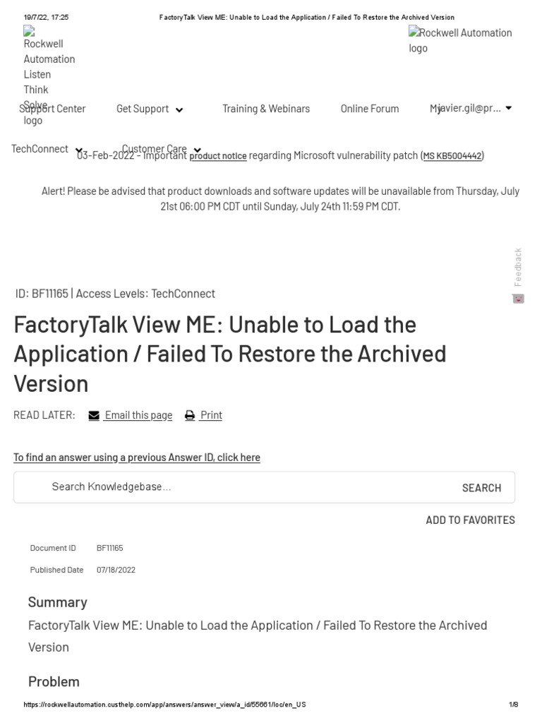 FactoryTalk View ME - Unable To Load The Application - Failed To Restore The Archived Version ...