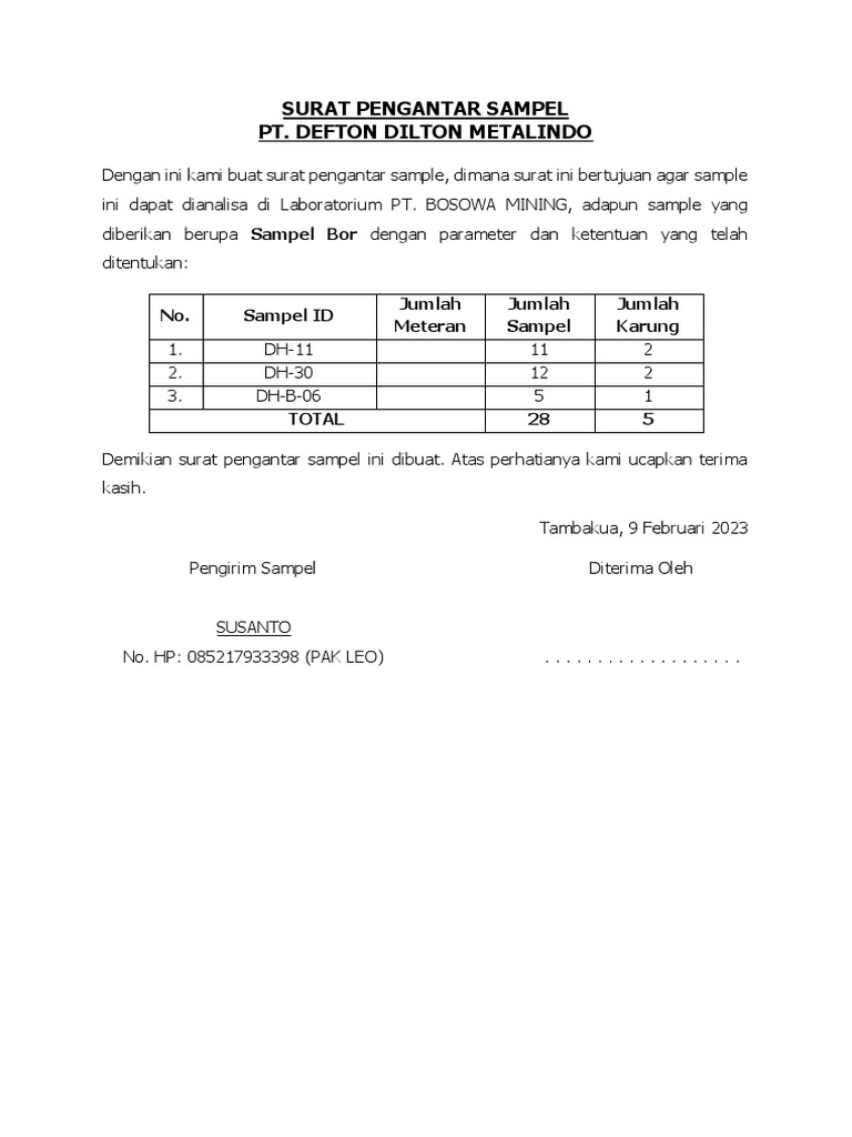 Surat Pengantar Sampel LSP | PDF