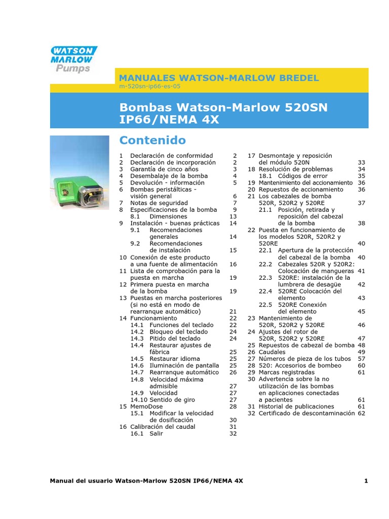 Watson Marlow 520S Manual (Spanish) | PDF | Bomba | Agua