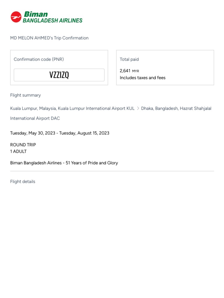 Biman Bangladesh Airlines Trip Confirmation | PDF