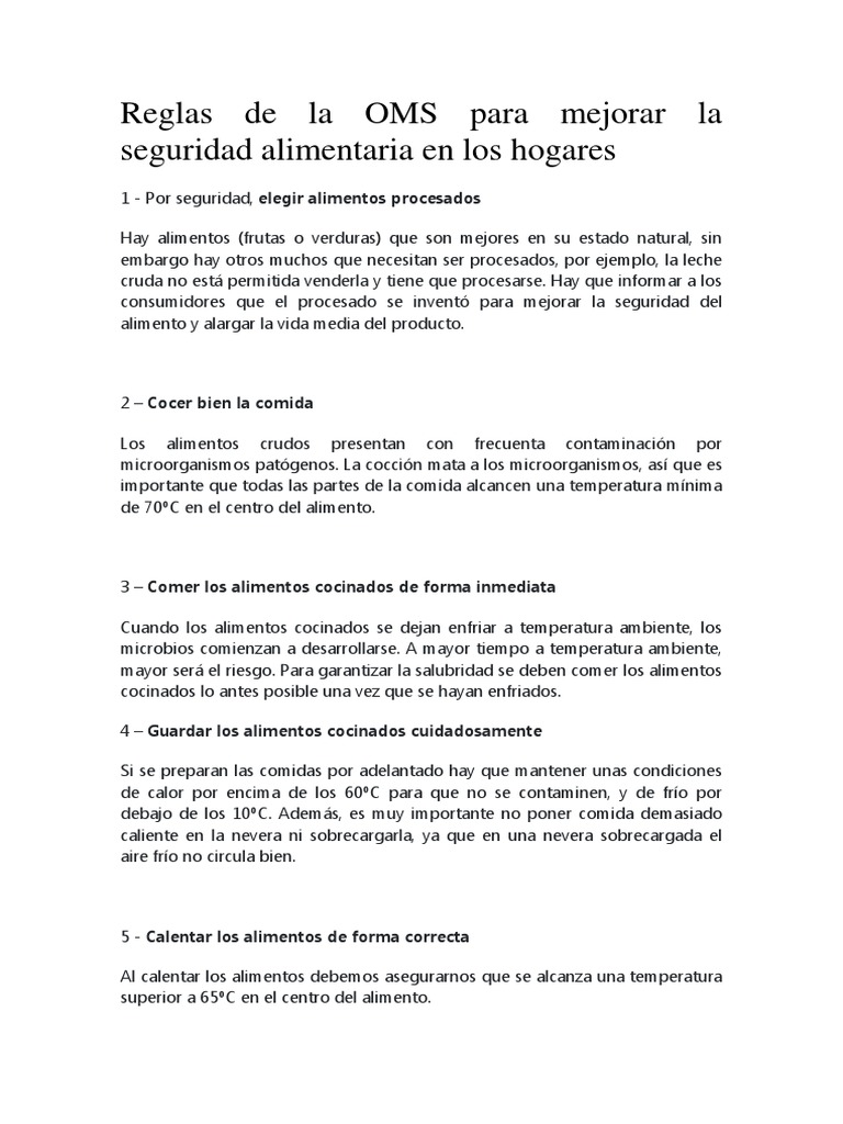 Reglas de La OMS para Mejorar La Seguridad Alimentaria en Los Hogares | Descargar gratis PDF ...