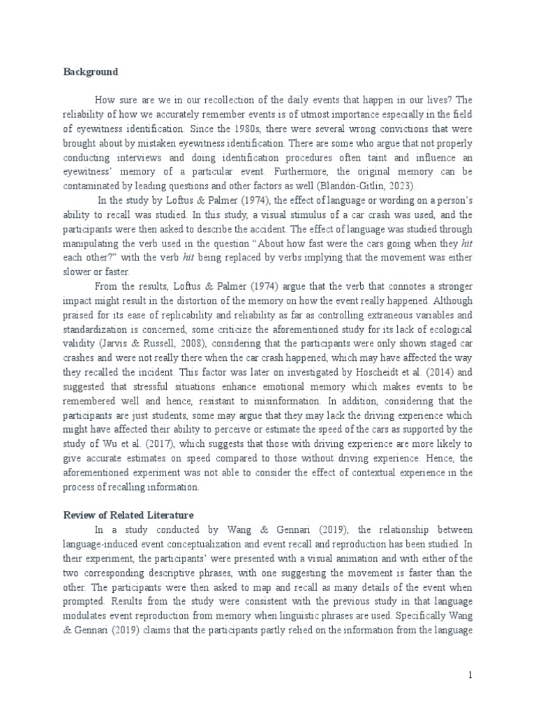 Loftus & Palmer Car Crash Study Insights | PDF | Recall (Memory ...