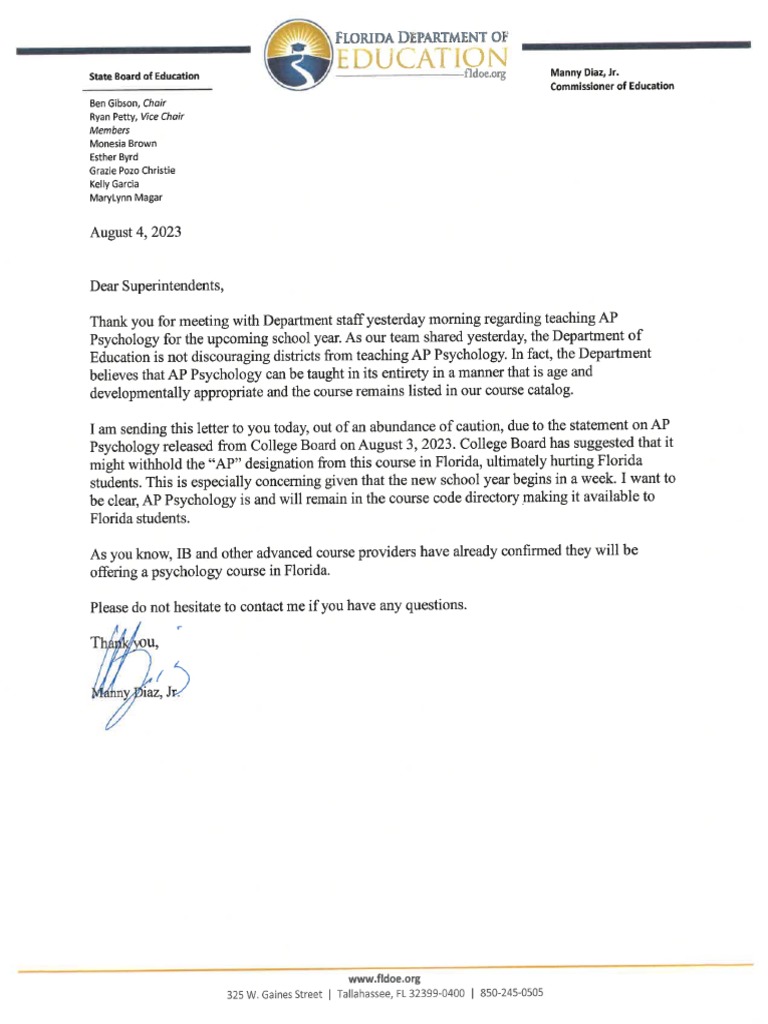 Letter On Advanced Placement Psychology | PDF