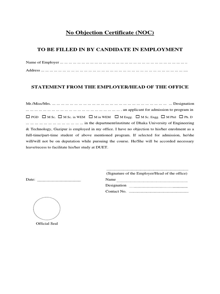No Objection Certificate (NOC) : To Be Filled in by Candidate in ...