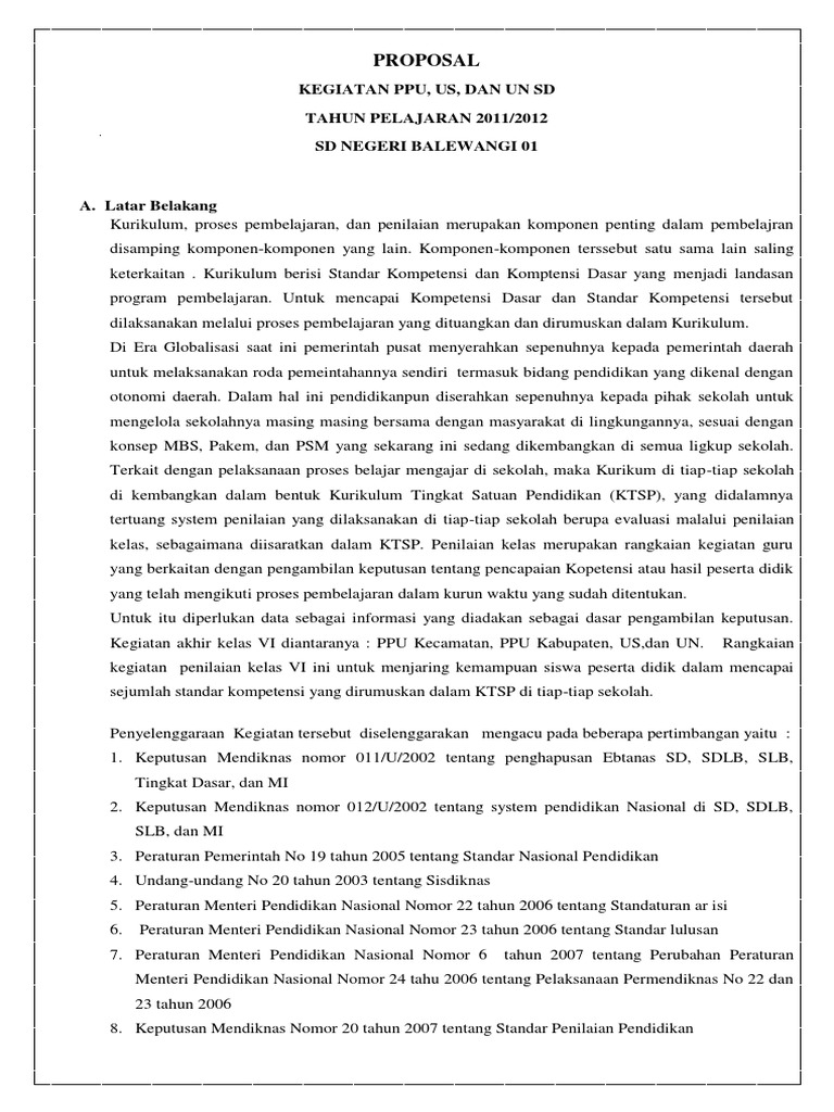 Proposal Kegiatan Ppu, Us, Dan Un SD Tahun Pelajaran 2011 - 2012 SD Negeri Balewangi | PDF