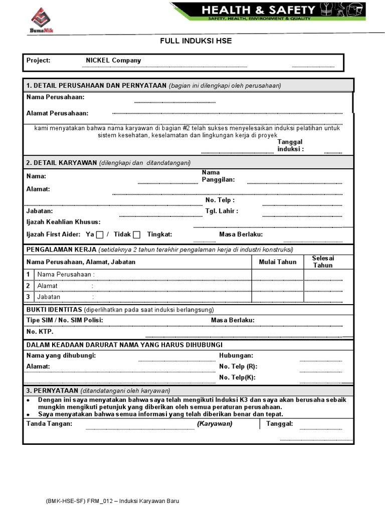 (BMK - HSE-SF) FRM - 012 - Induksi Karyawan Baru | PDF