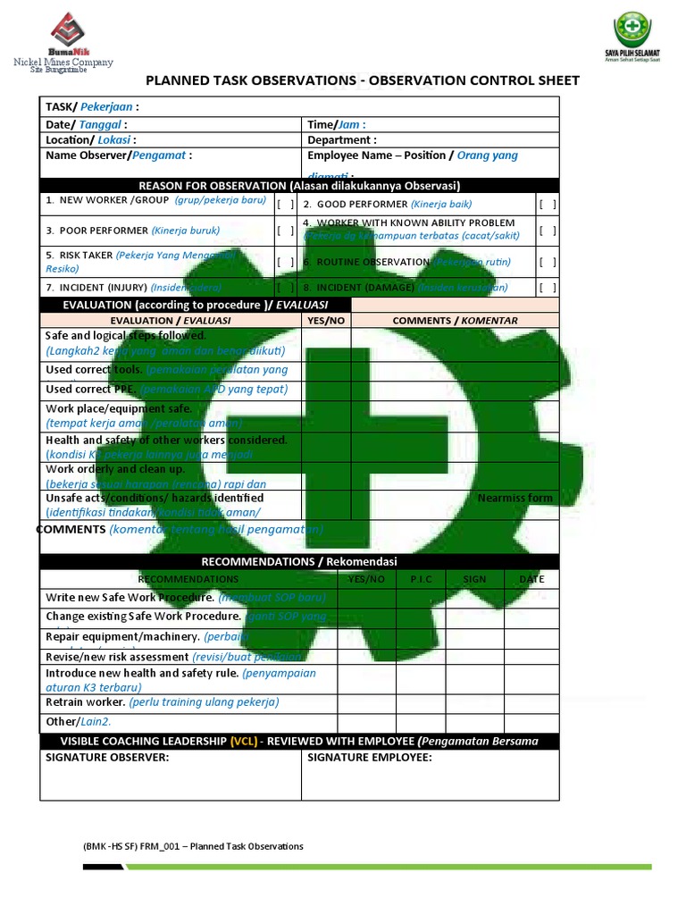 (Bmk-Hse-Sf) FRM - 001-Planned Task Observations | PDF | Occupational Safety And Health | Business
