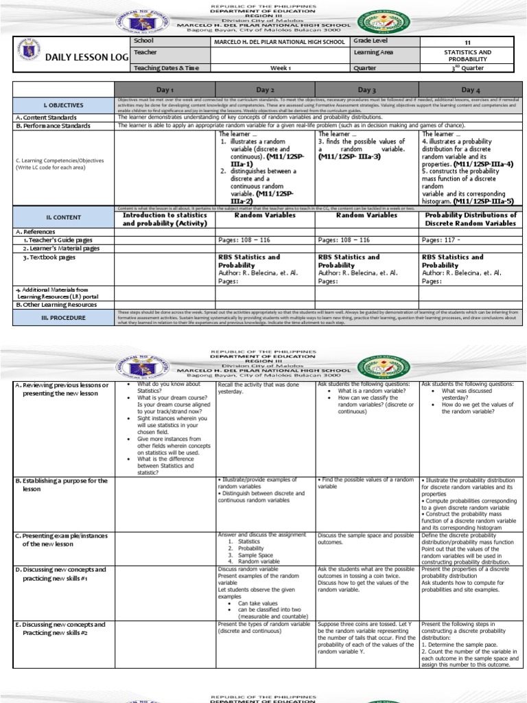 Weekly Statistics & Probability Lesson Plan | PDF | Probability ...