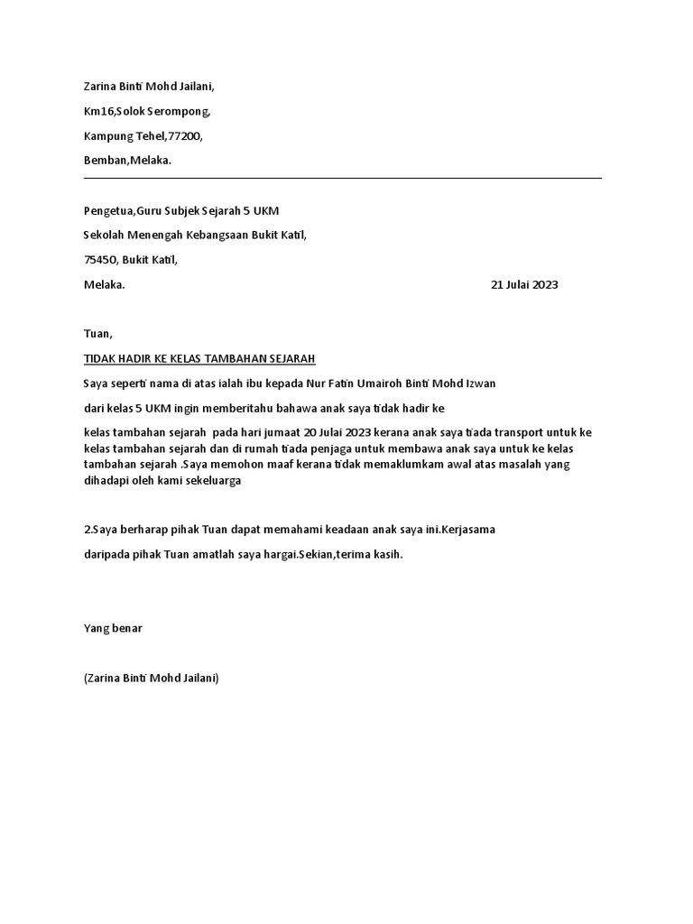 Contoh Surat Rasmi Cuti Sekolah Menengah | PDF