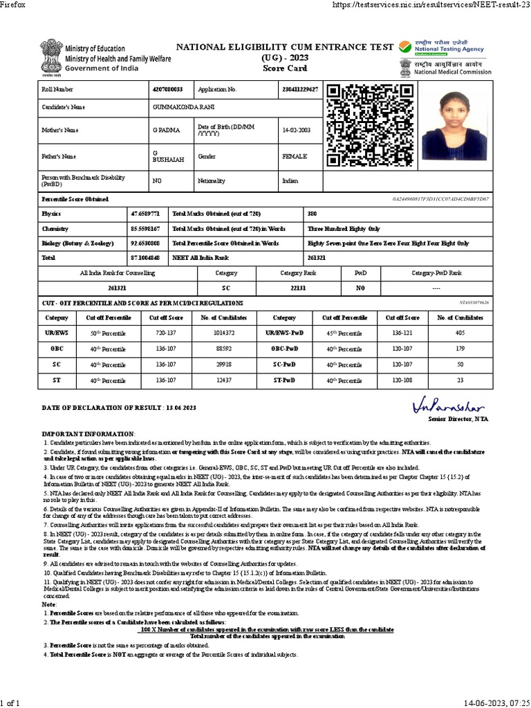 NEET Result 23 | PDF | Student Assessment And Evaluation | Tests