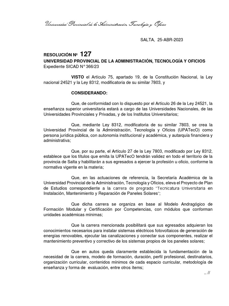127-23. - Aprueba El Plan de Estudios de La Tecnicatura en Instalación ... 127-23. - Aprueba El Plan de Estudios de La Tecnicatura en Instalación ...
