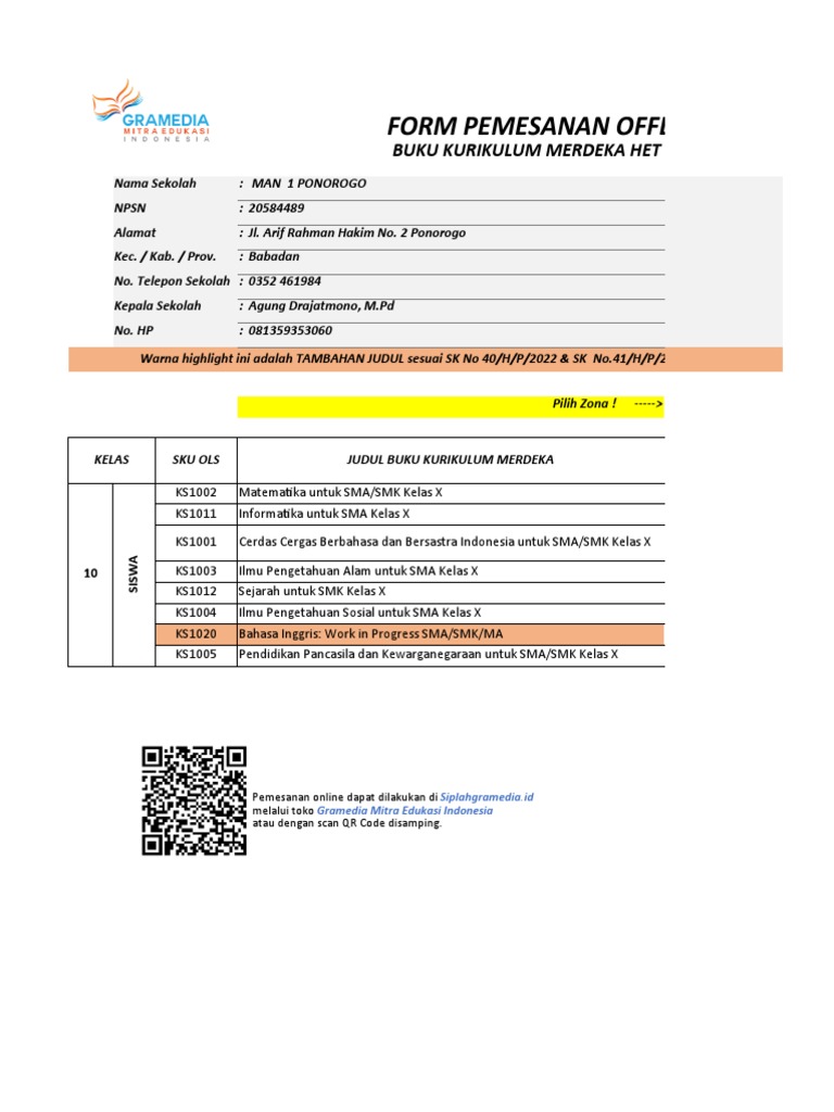 Form Pesanan Offline HET Kurikulum Merdeka 2023 | PDF