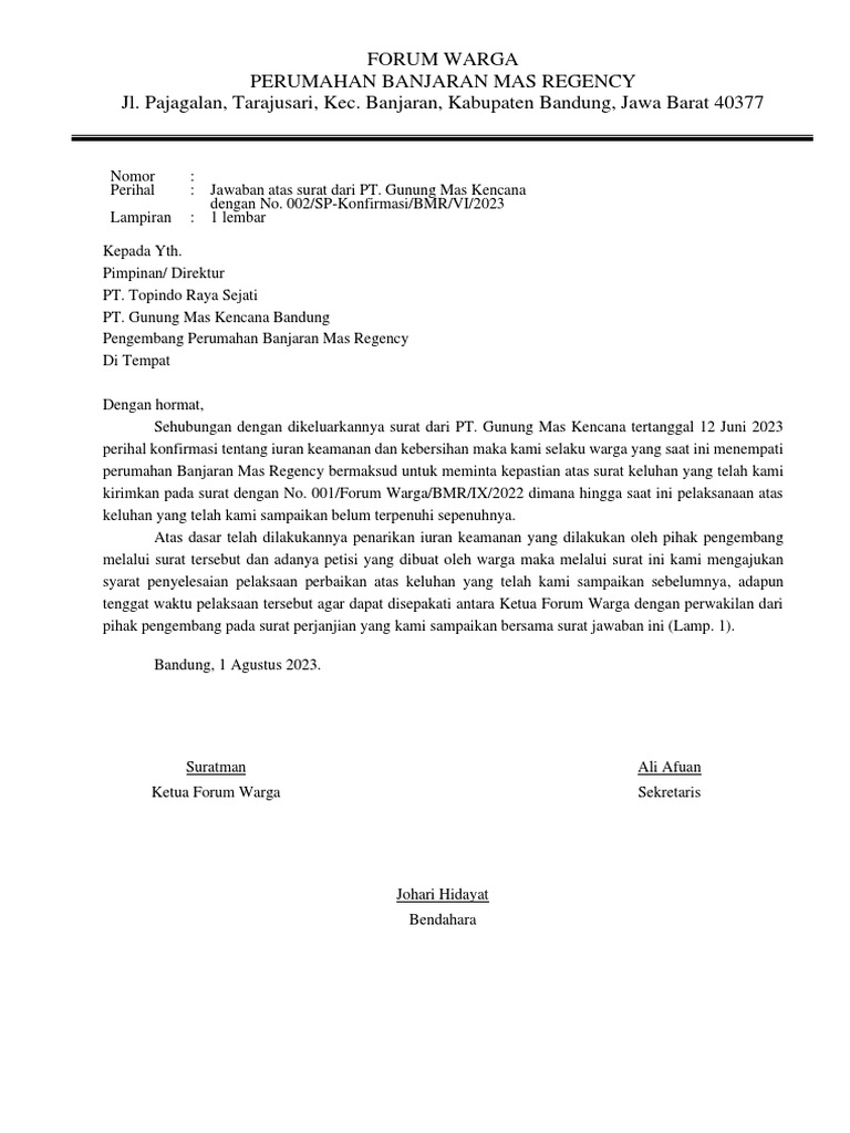 Draft Surat Balasan Dan Perjanjian BMR | PDF