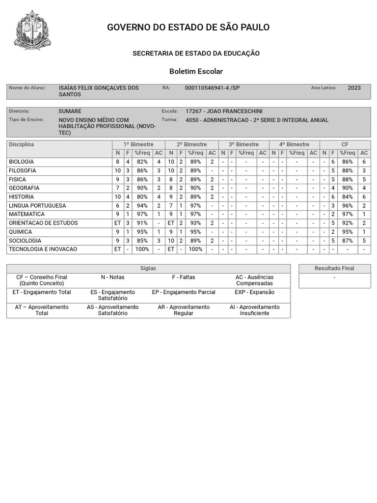 Boletim Escolar Do Aluno | PDF