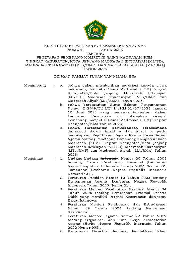 SK Penetapan Pemenang KSM Kabko Tahun 2023 | PDF