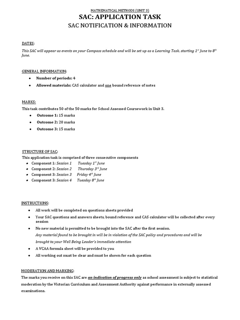 Unit 3 Maths Methods - Application Task SAC - Notification Form | PDF | Function (Mathematics ...