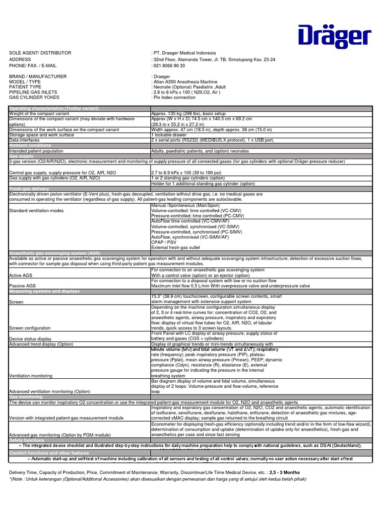 Specification Atlan A350 Anesthesia Machine | PDF