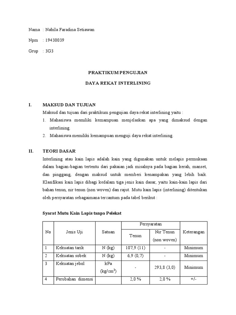 Pengujian Daya Rekat Interlining | PDF