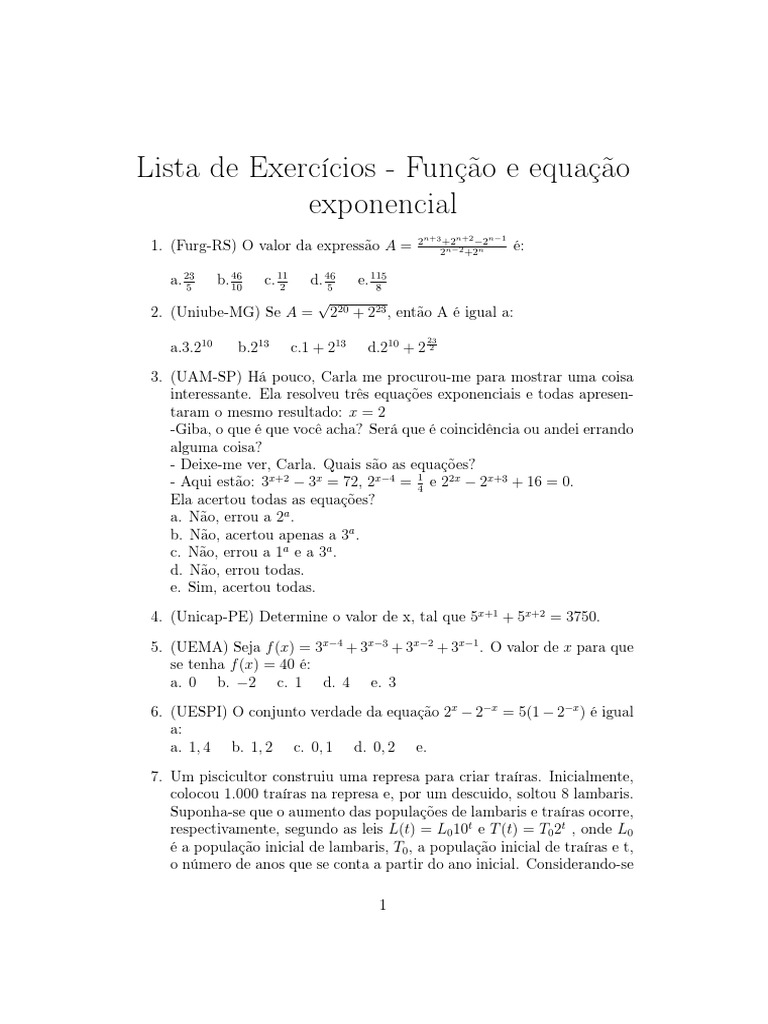 Lista De Exercícios Função Exponencial Pdf Equações Objetos