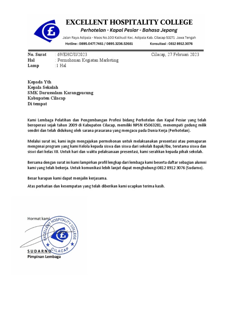 Surat Permohonan Marketing EHC - SMK Darussalam Karangpucung | PDF