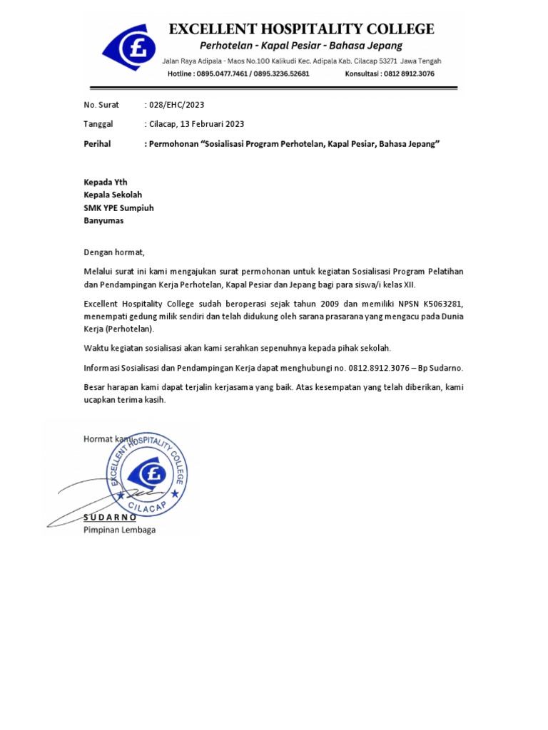 Surat Permohonan Marketing EHC - SMK YPE Sumpiuh | PDF