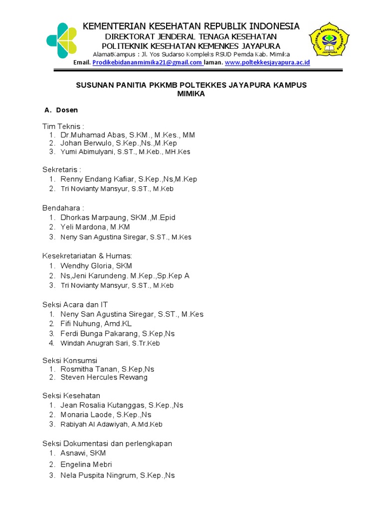 Susunan Panitia PKKMB Kampus Mimika Tahun 2023 | PDF