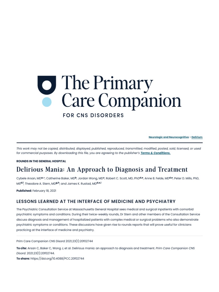 Delirious Mania - An Approach To Diagnosis and Treatment | PDF | Mania ...