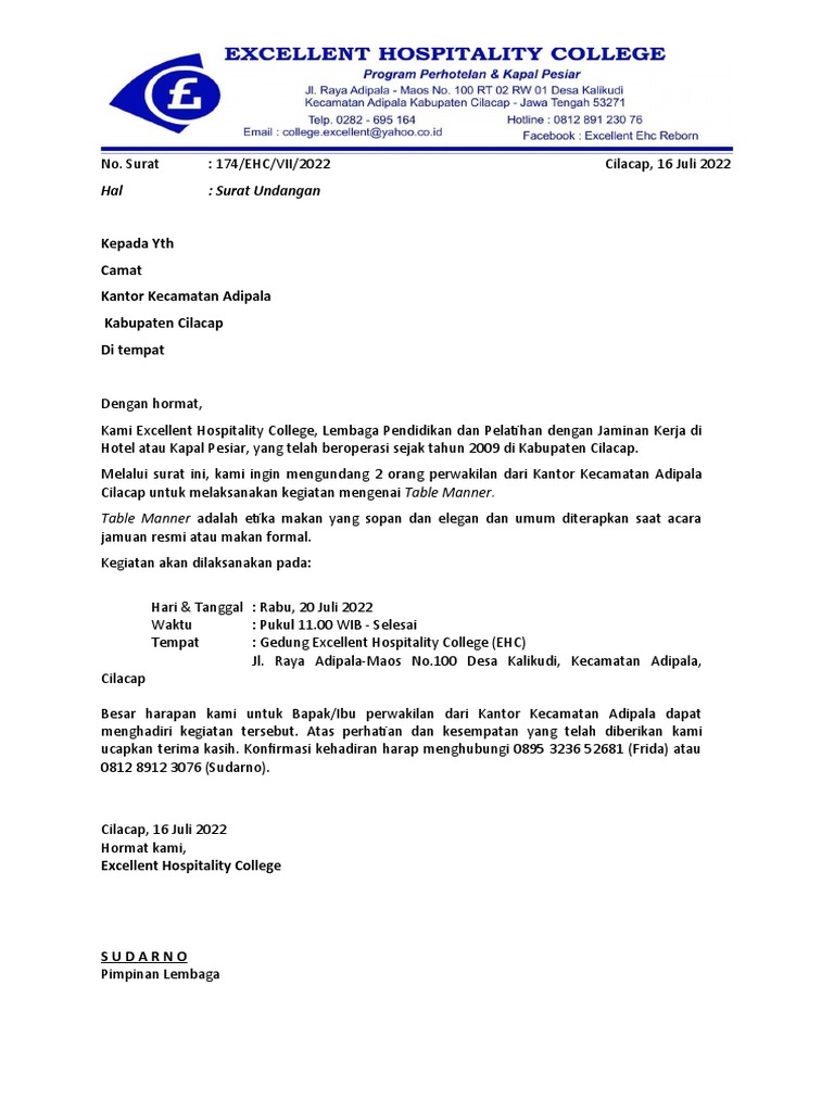 Surat Undangan Table Manner - Kecamatan Adipala | PDF